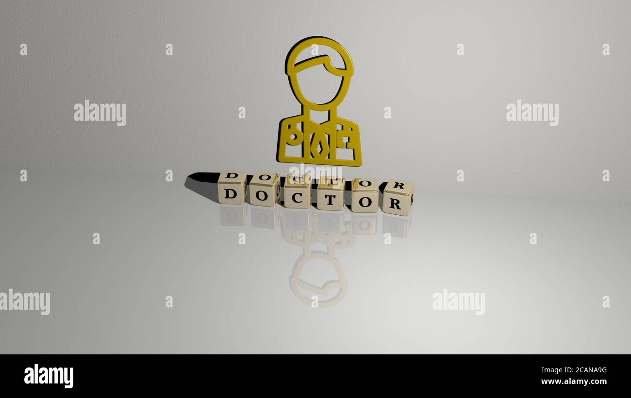 DOCTOR text of cubic dice letters on the floor and 3D icon on the wall ...