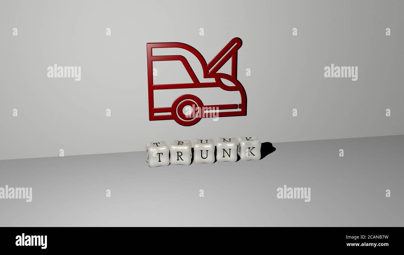 trunk 3D icon on the wall and cubic letters on the floor. 3D ...