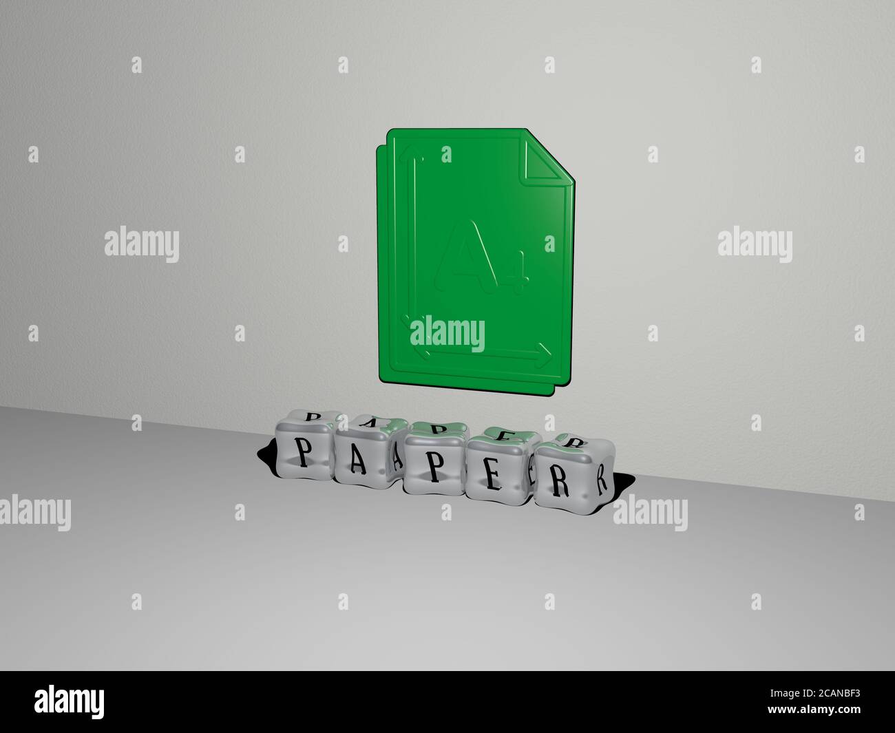 PAPER 3D icon on the wall and cubic letters on the floor. 3D ...