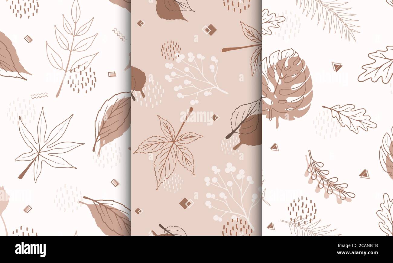 Set of samples pattern with abstract autumn elements, shapes, plants ...