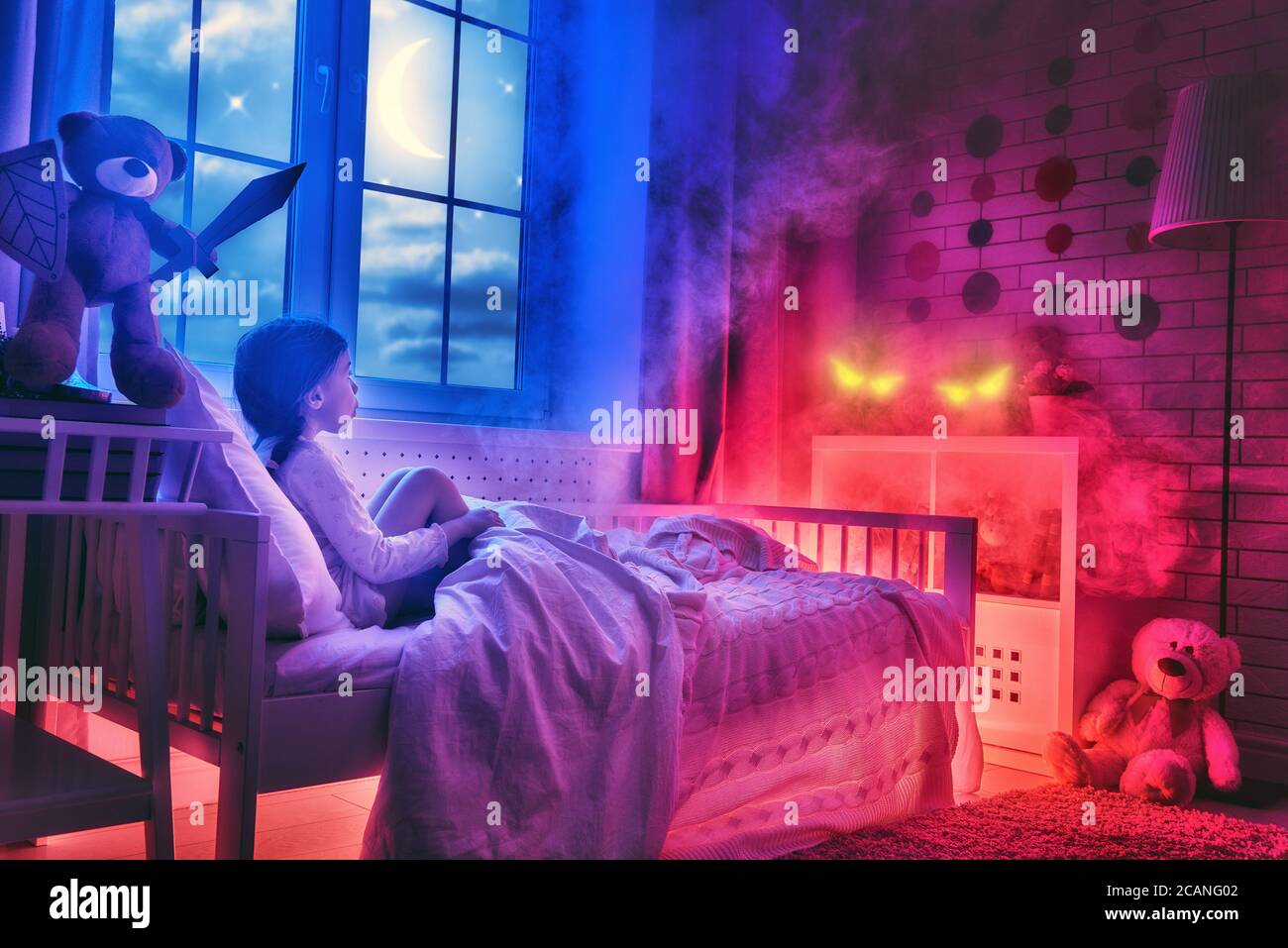 Nightmare for children. Little child girl is afraid of monsters in the ...