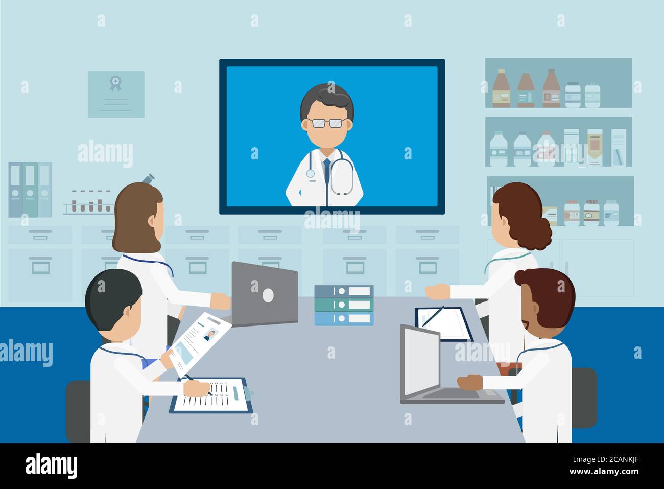 Doctor conference concept with group of doctors discuss flat design ...