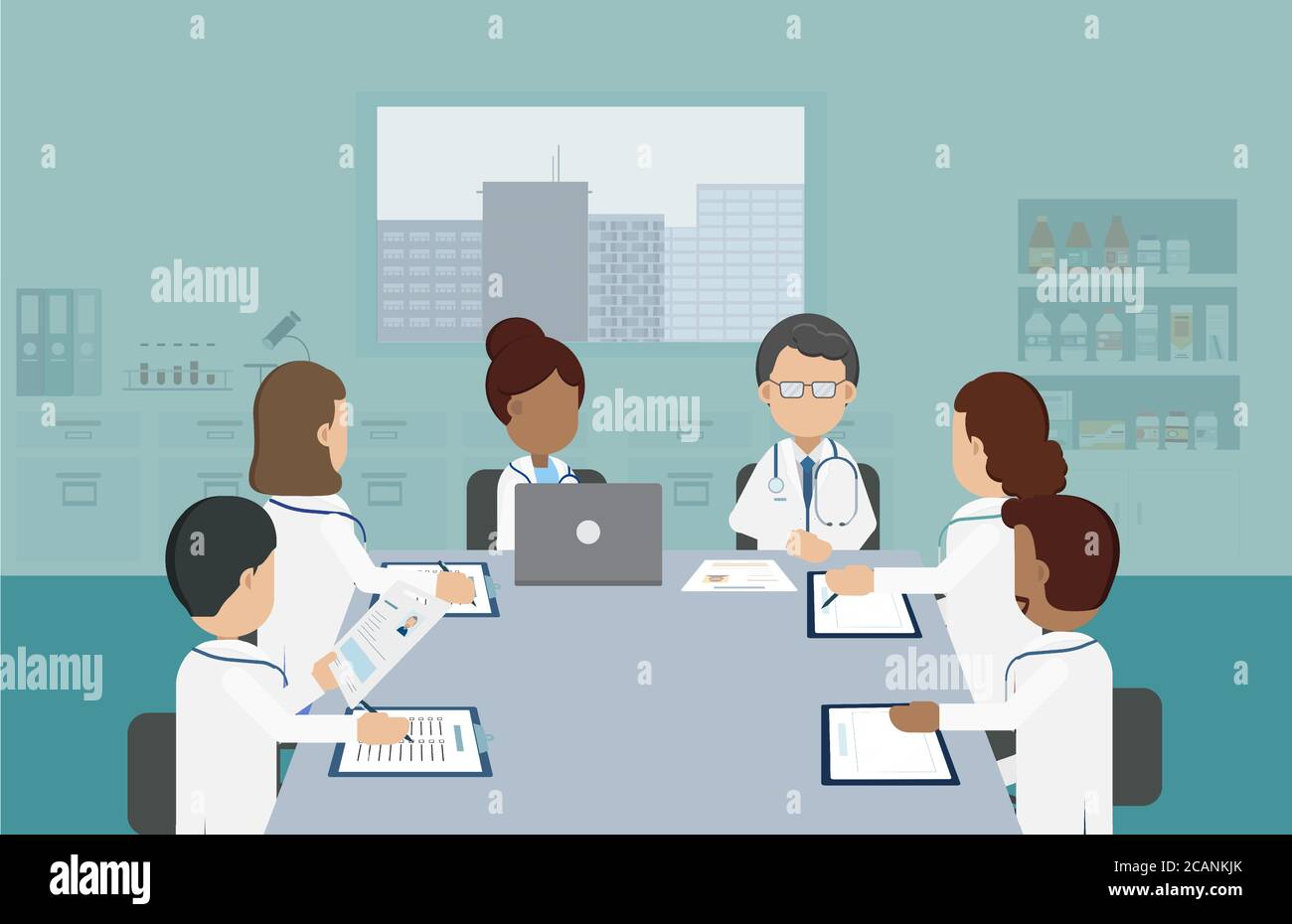 Doctor conference concept with group of doctors discuss flat design ...