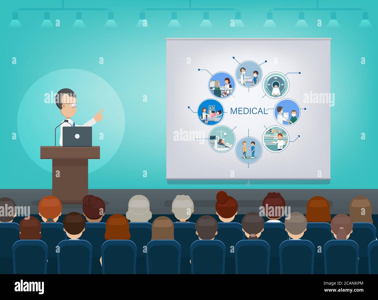 Medical conference concept with doctor speak on stage flat design ...