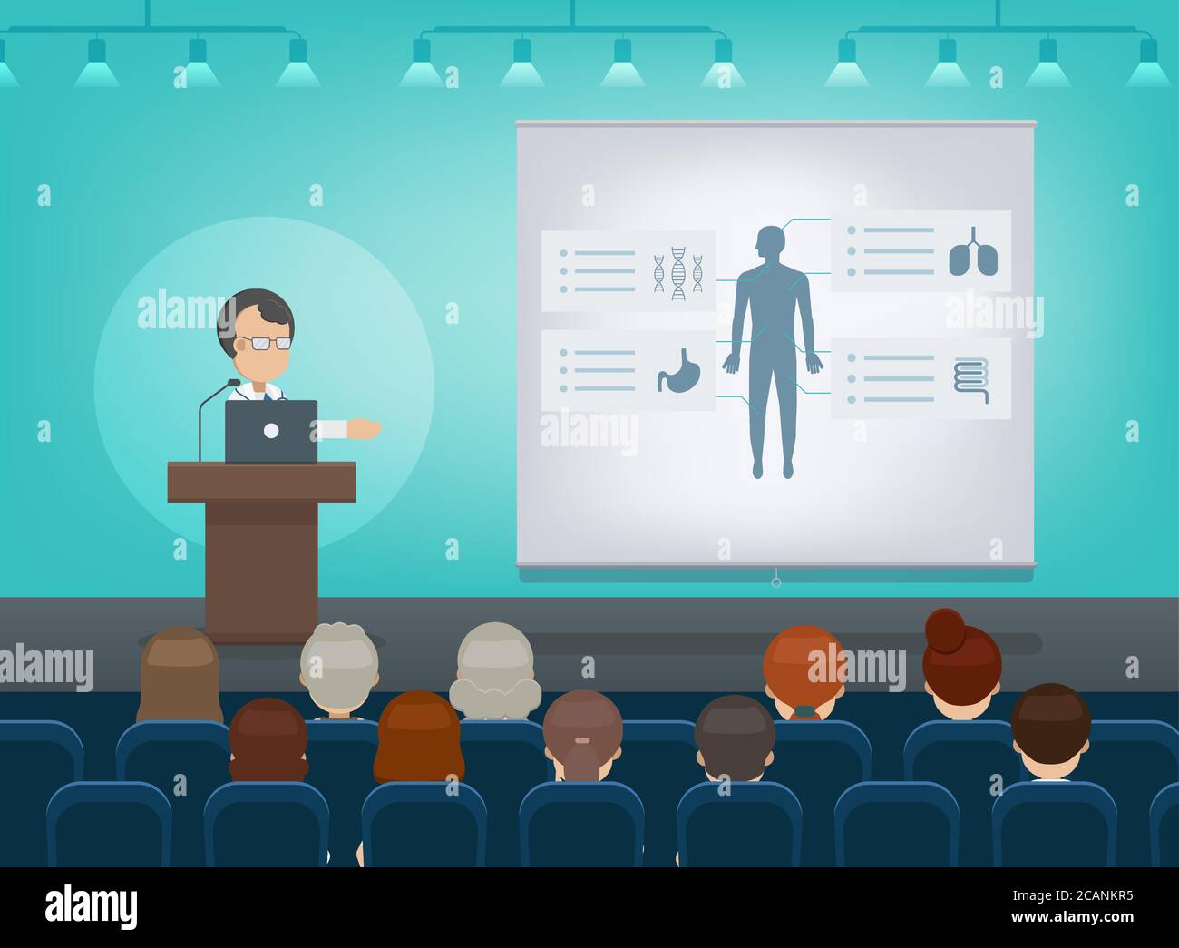 Medical conference concept with doctor speak on stage flat design ...