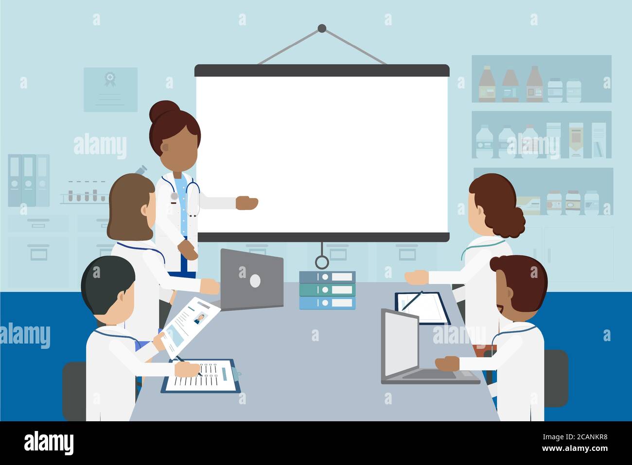 Doctor conference concept with group of doctors discuss flat design ...