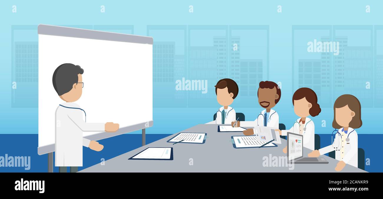 Doctor conference concept with group of doctors discuss flat design ...
