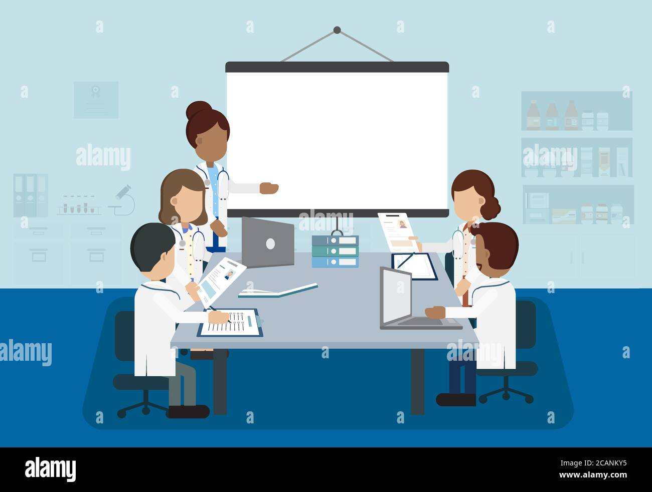 Doctor conference concept with group of doctors discuss flat design ...