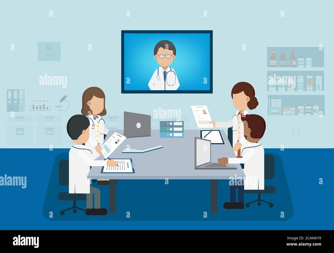 Doctor conference concept with group of doctors discuss flat design ...