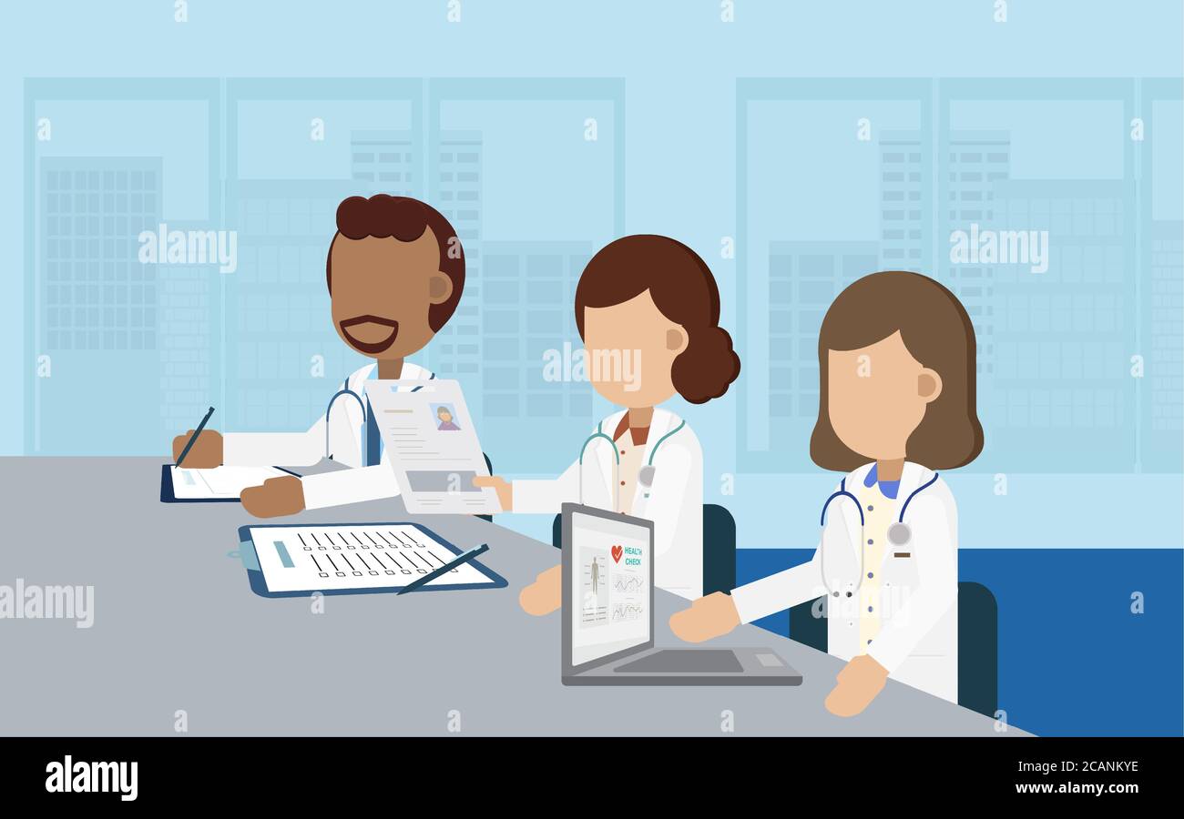 Doctor conference concept with group of doctors discuss flat design ...
