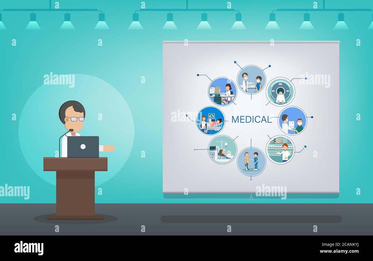 Medical conference concept with doctor speak on stage flat design ...