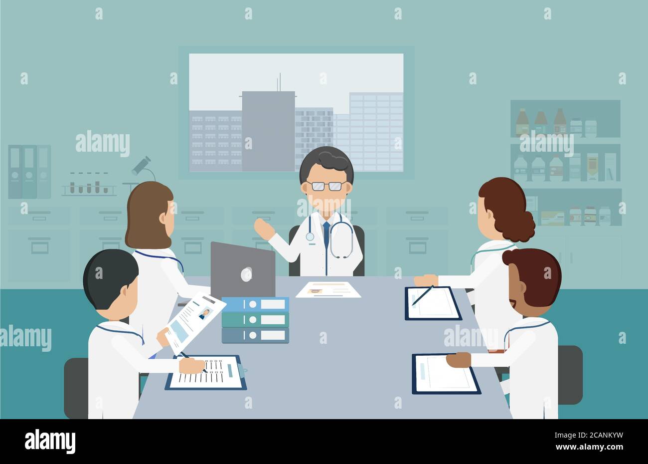 Doctor conference concept with group of doctors discuss flat design ...