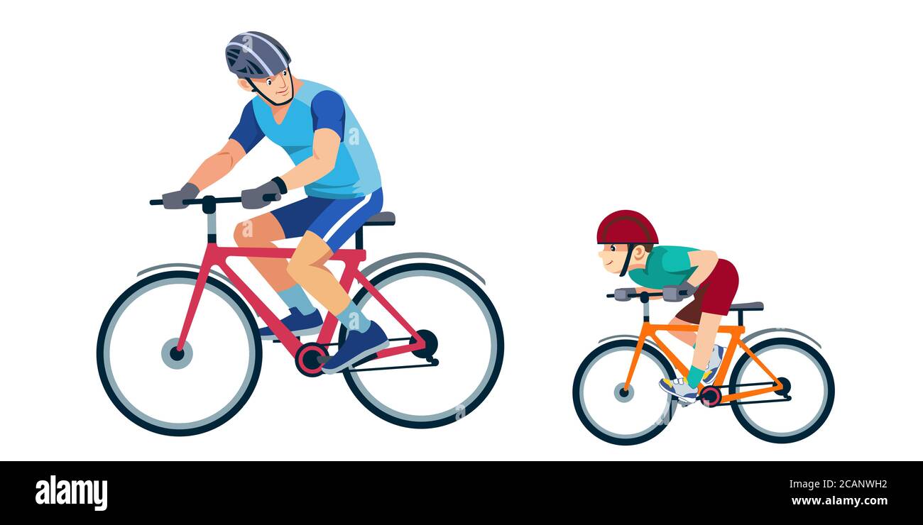 Father teaches son to ride a bike. Kid learns to ride bicycle. Sporty ...