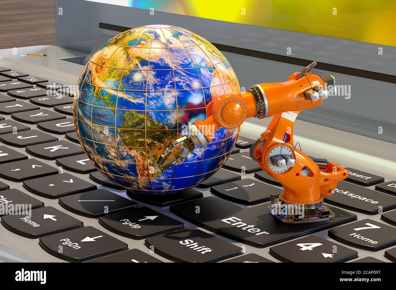 Earth Globe with robotic arm on keyboard of laptop. 3D rendering Stock ...