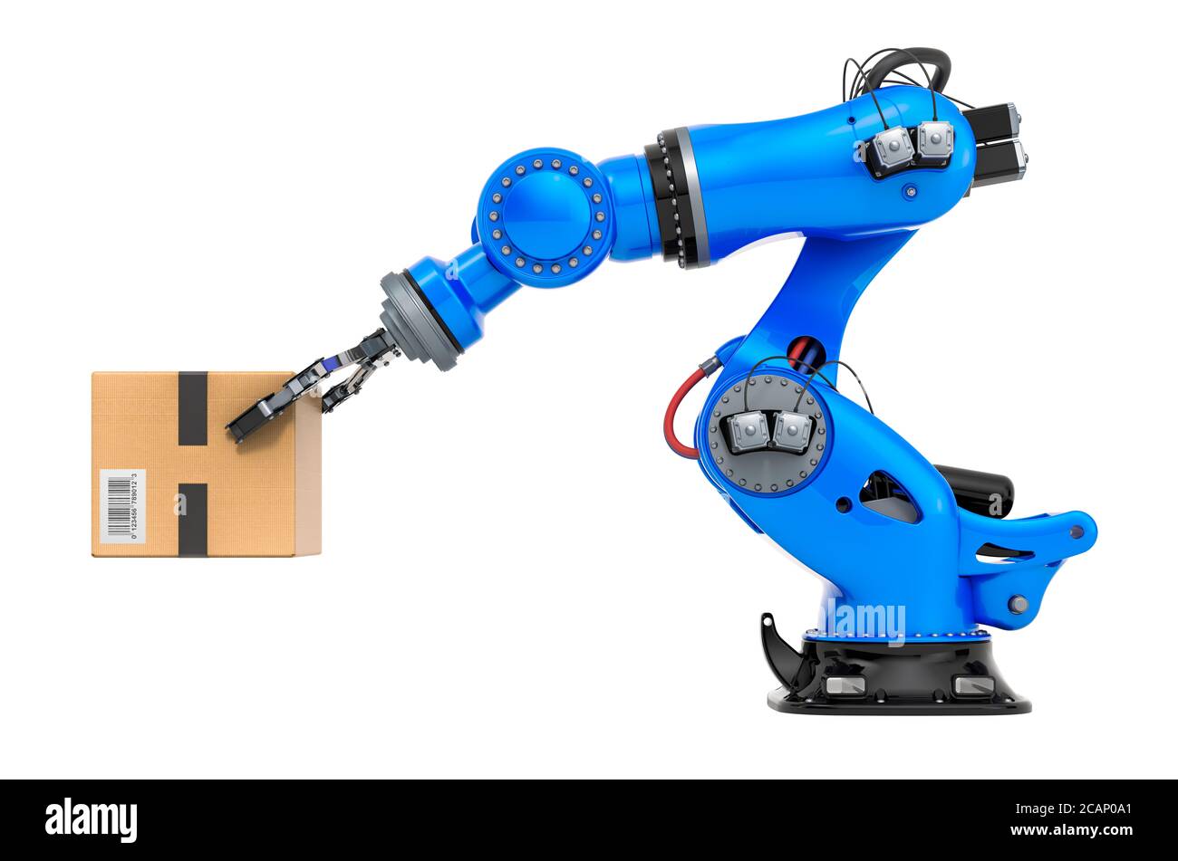 Robotic arm with cardboard box. 3D rendering isolated on white ...