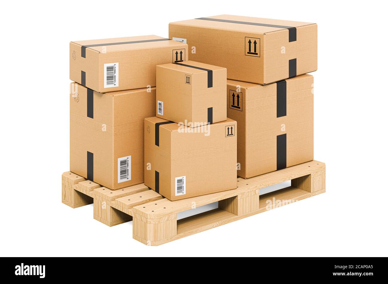 Wooden pallet with parcels. Shipping and logistics concept, 3D ...