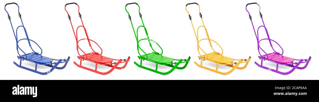 Colored Childrens Snow Sleds, 3D rendering isolated on white background ...