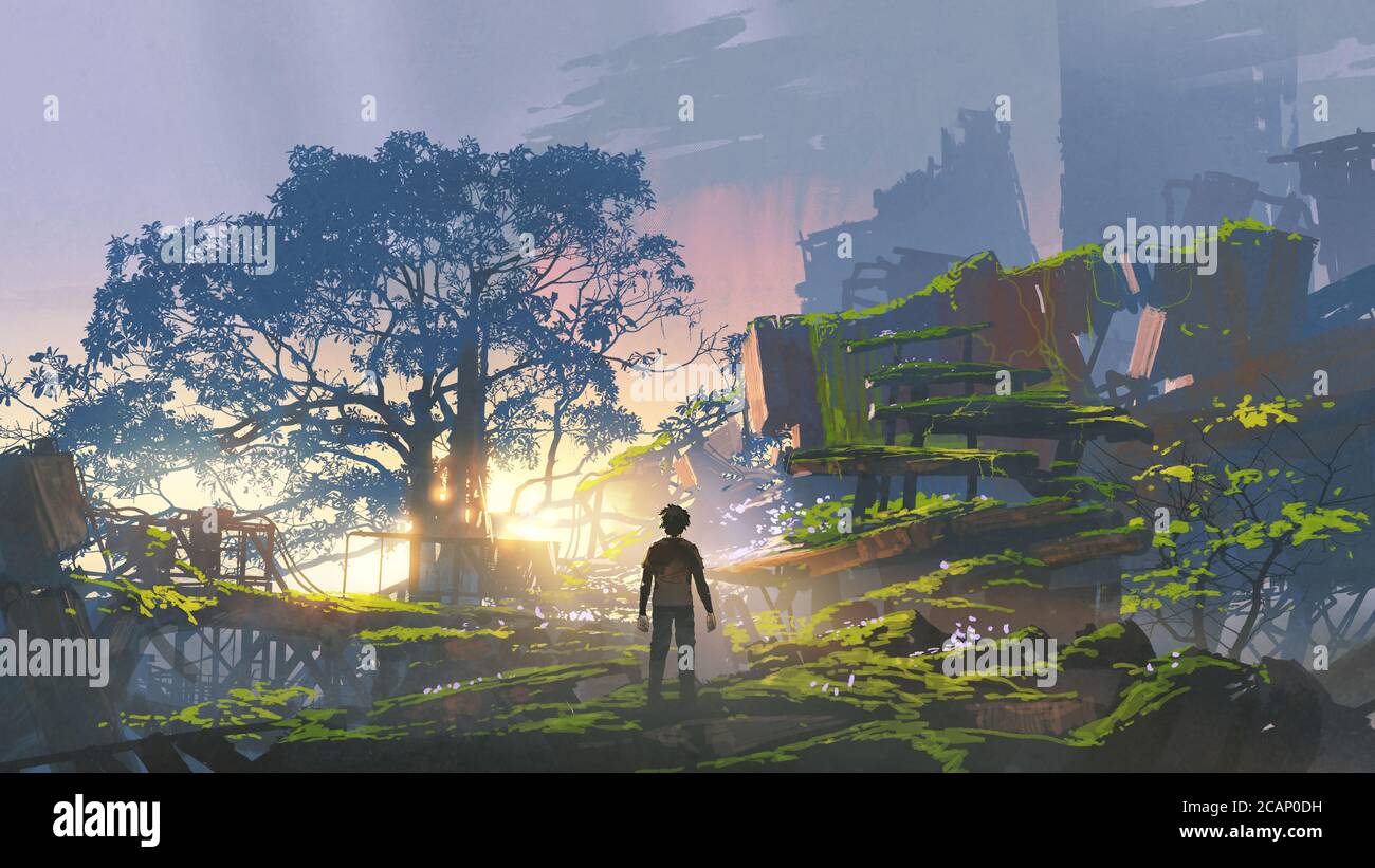 young man standing in the overgrown city at sunset, digital art style ...