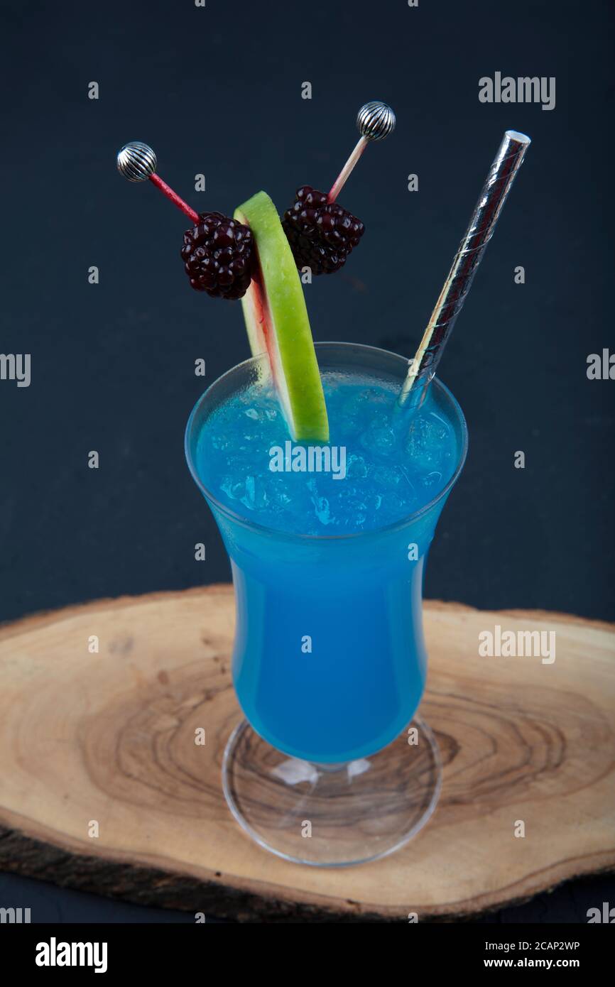 Blue Lagoon Blue Hawaiian Cocktail Vodka Alcoholic Drink. Iced blue ...