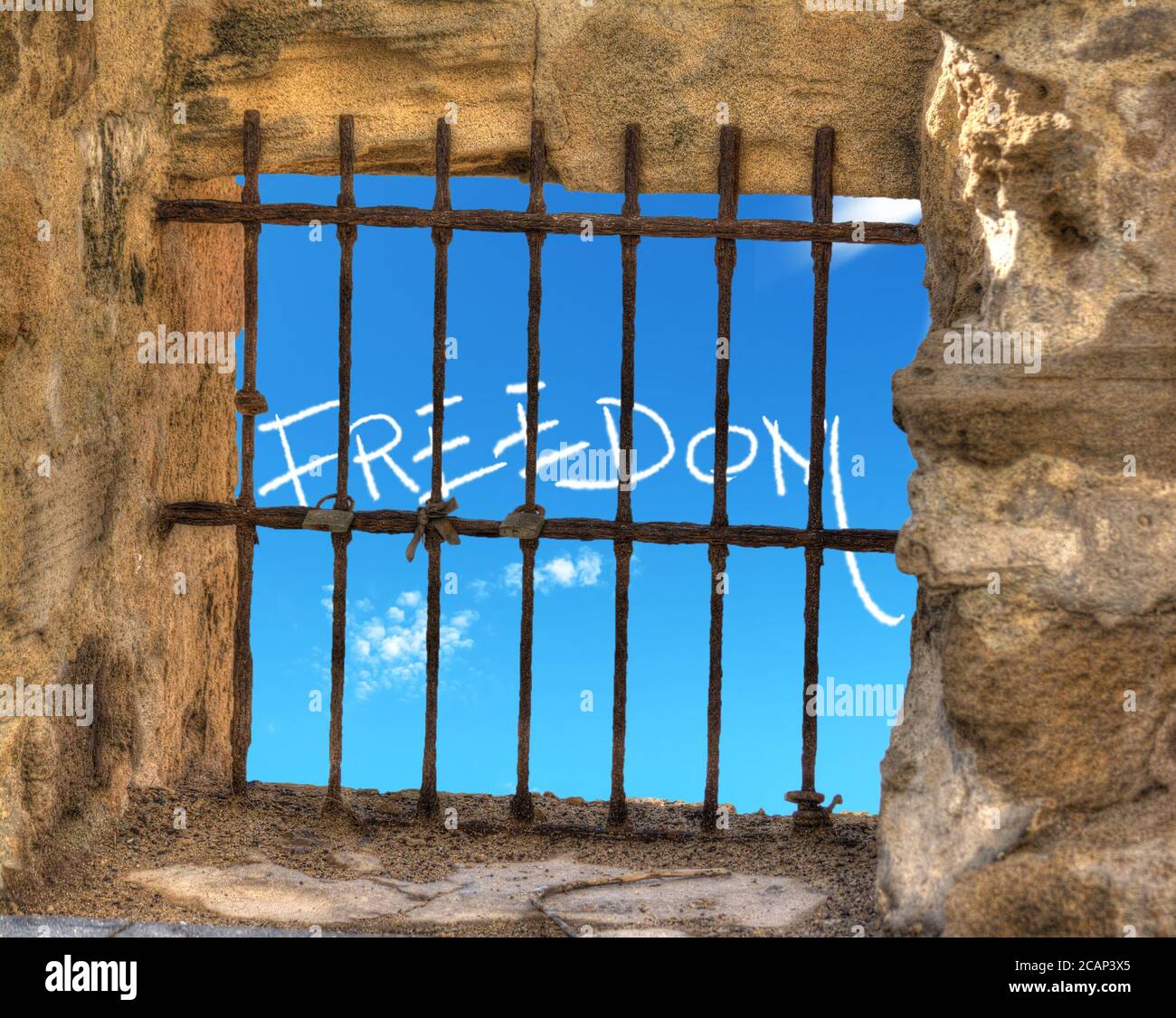 freedom writing seen through a jail window Stock Photo - Alamy
