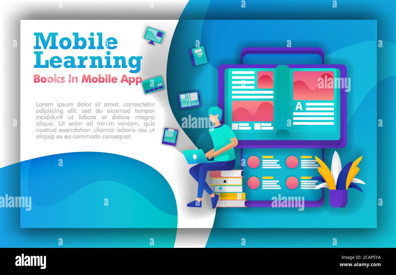 Abstract illustration for mobile learning and education. students sit ...