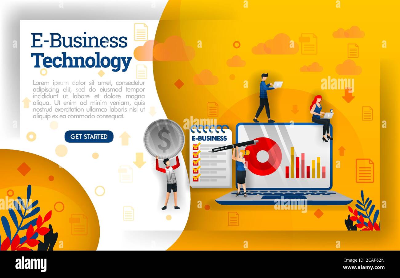 e-business with the latest technology, flat cartoon character team work ...