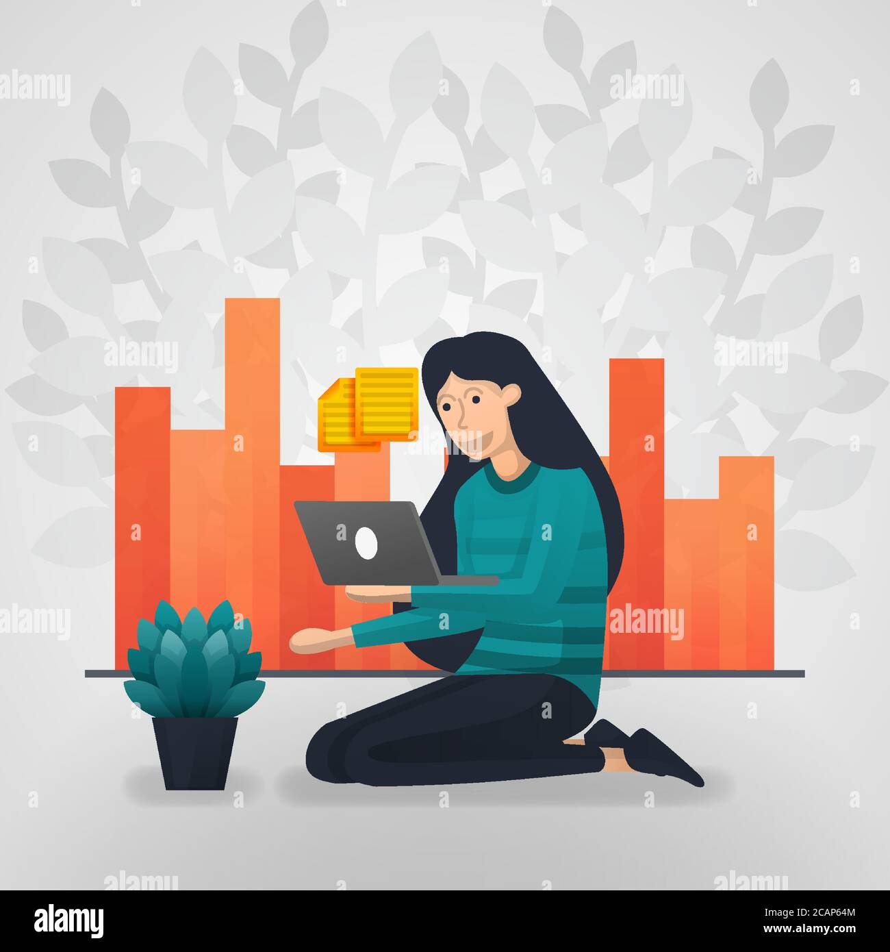 Female workers check documents on laptops. sales report chart. flat ...