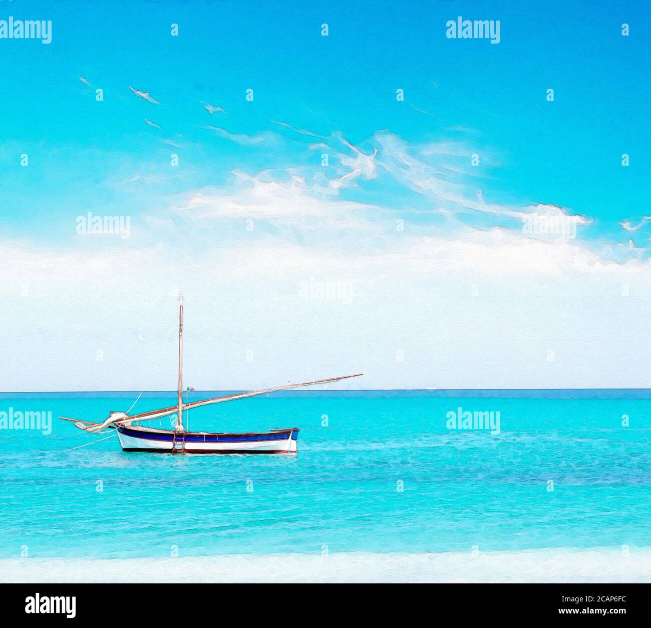 white and blue boat on a calm sea. Water color effect Stock Photo - Alamy