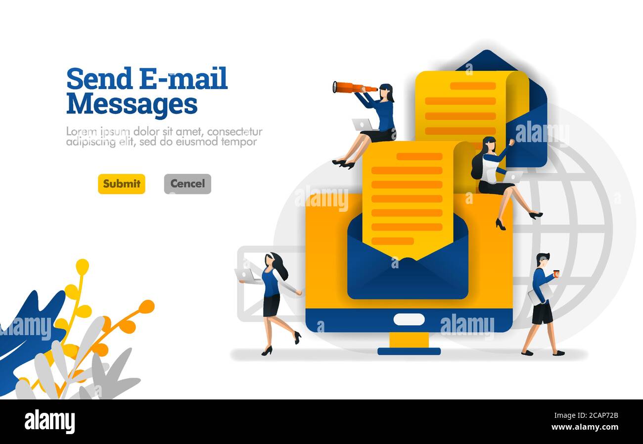 Sending e-mail messages and articles from end to end. envelopes and computers vector ...