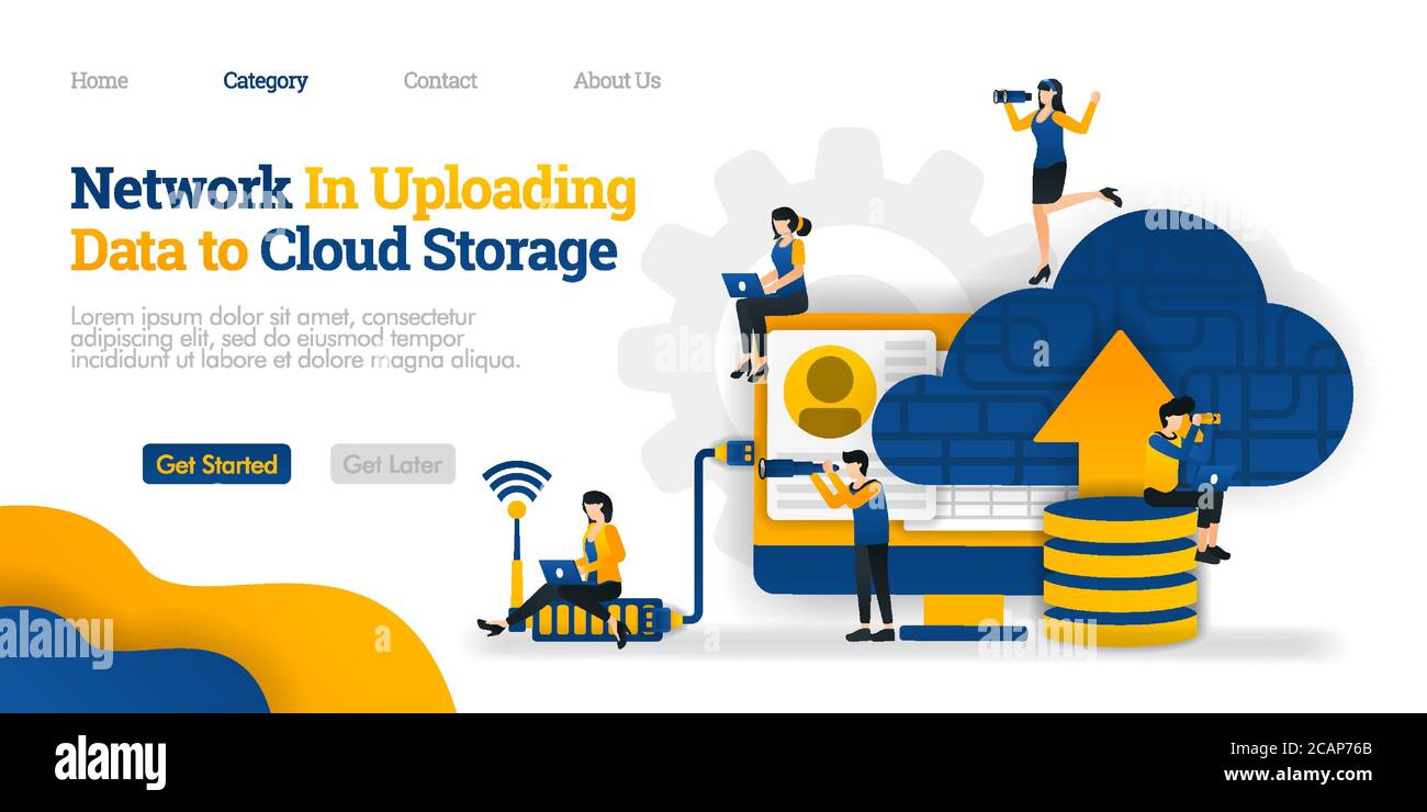 Network in Uploading data to Cloud Storage. upload data on database to cloud for sharing. Vector ...