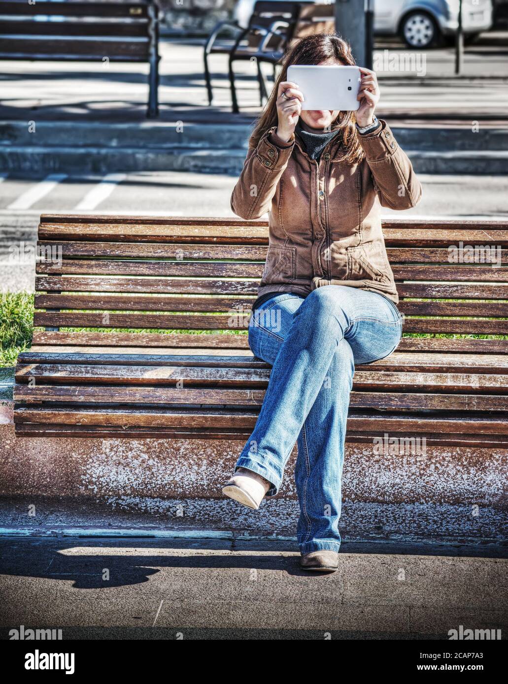 Taking selfie on wooden bench hi-res stock photography and images - Alamy