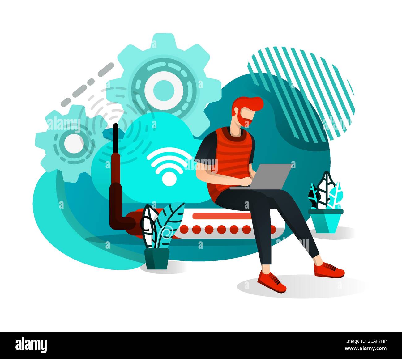 Men Sitting on Router Hub and Connected to Wifi Internet Network ...