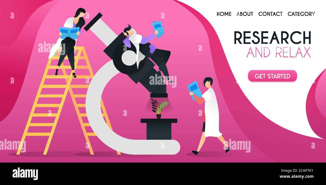 group of scientists who are researching plants on a large microscope ...