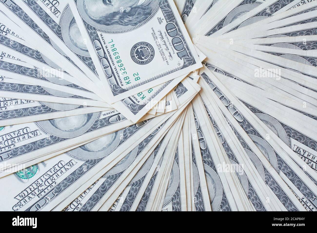 Fan of one hundred dollar bills. Fan of cash money. Pile US 100 ...