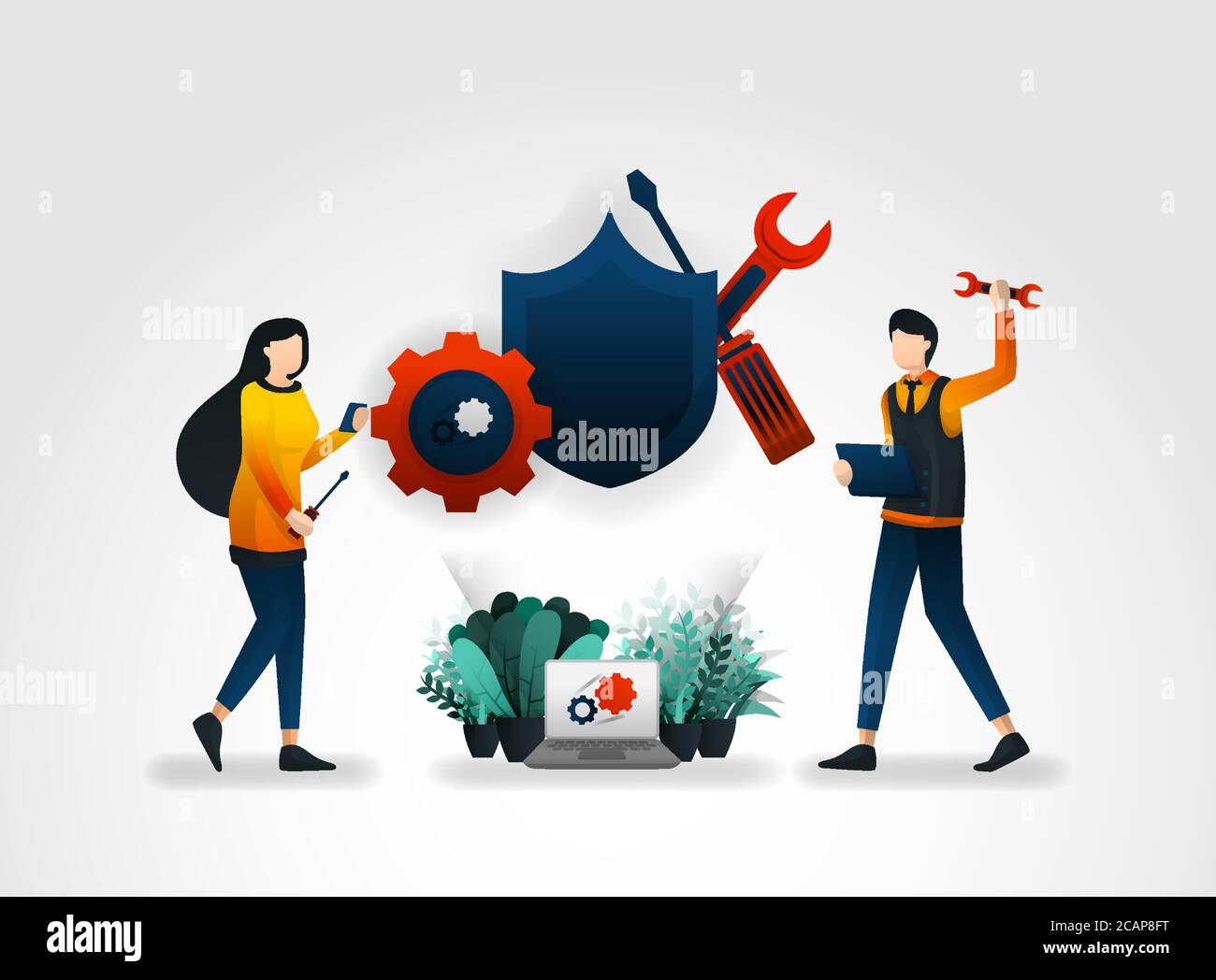 flat cartoon character. people are repairing and maintaining security ...