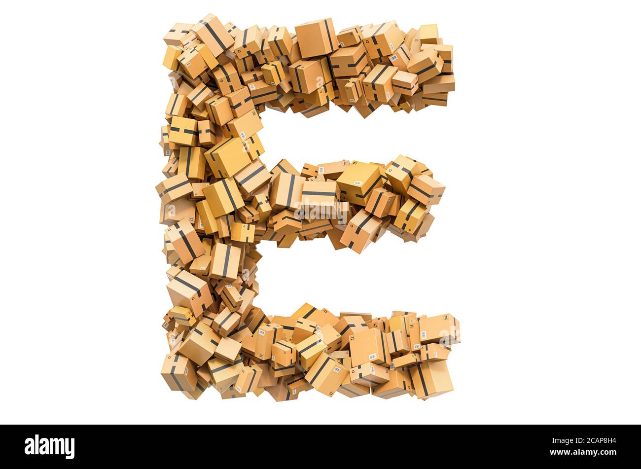 Letter E from cardboard boxes. 3D rendering isolated on white ...