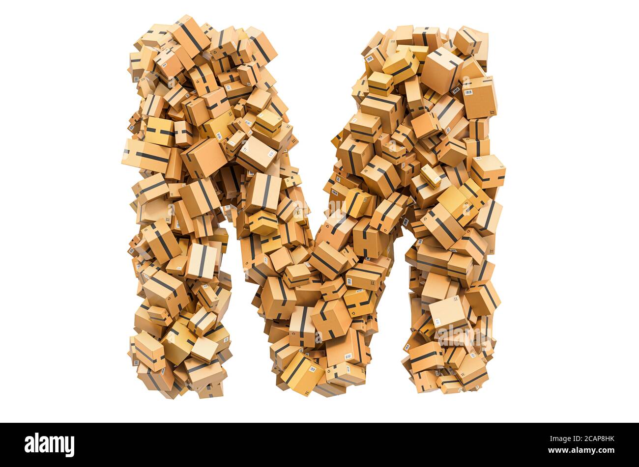 Letter M from cardboard boxes. 3D rendering isolated on white ...