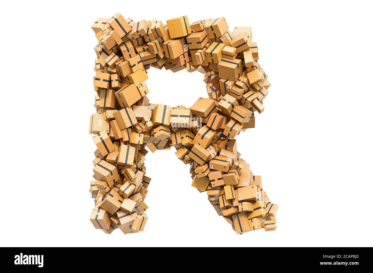 Letter R from cardboard boxes. 3D rendering isolated on white ...