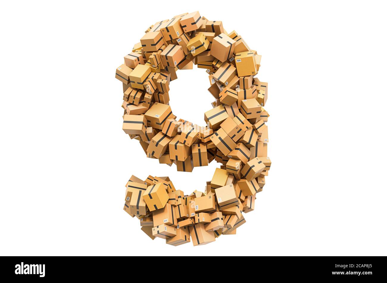 Number 9 from cardboard boxes. 3D rendering isolated on white ...