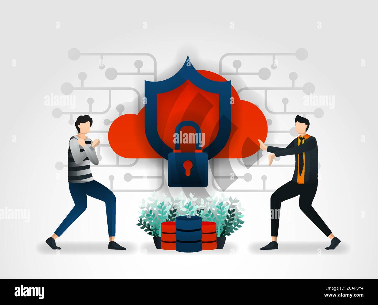 flat cartoon character. developers keep cloud storage, server, database ...