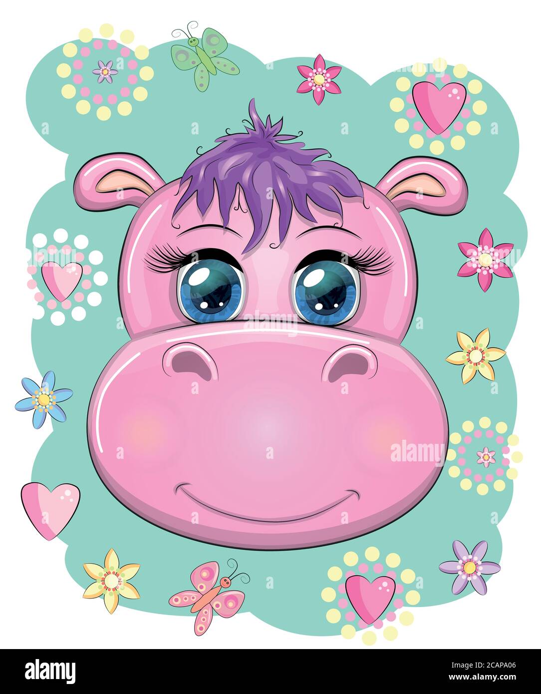 Cute muzzle cartoon hippo with beautiful eyes among flowers, hearts ...