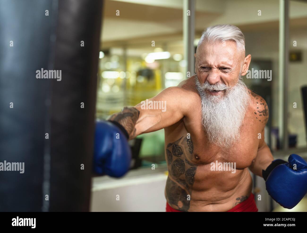 Senior man boxer training hard - Elderly male boxing in sport gym ...