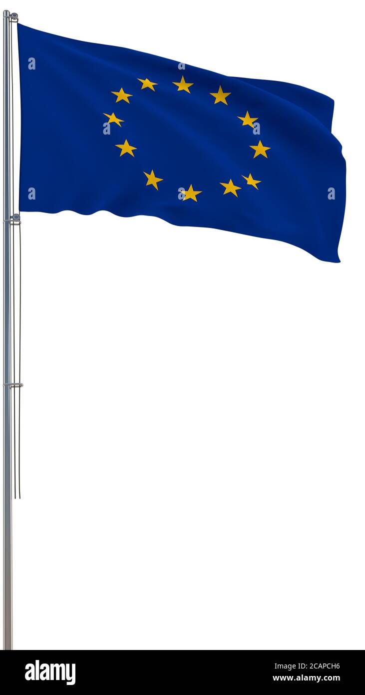 EU flag waving in the wind, white background, realistic 3D rendering ...