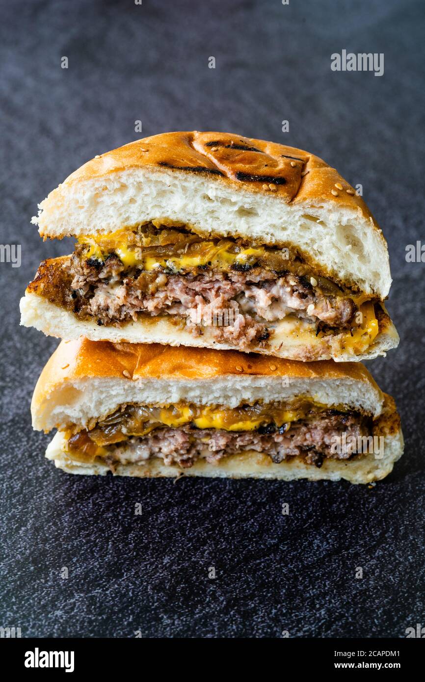 Half Cut Stack of Two Pieces Hamburger / Cheeseburger or Burgers Ready ...