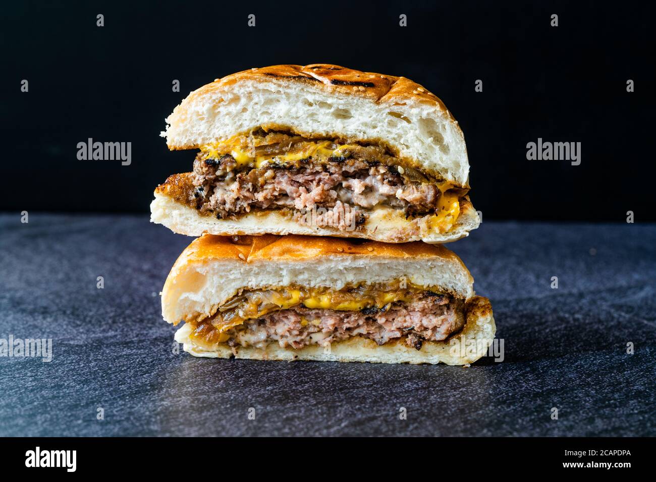 Half Cut Stack of Two Pieces Hamburger / Cheeseburger or Burgers Ready ...
