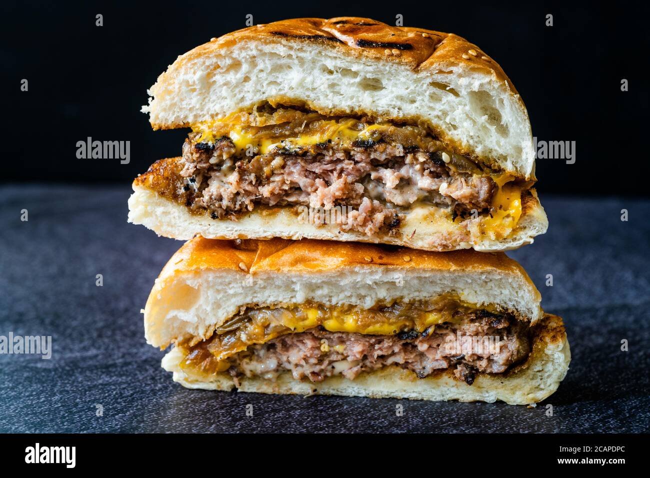 Half Cut Stack of Two Pieces Hamburger / Cheeseburger or Burgers Ready ...