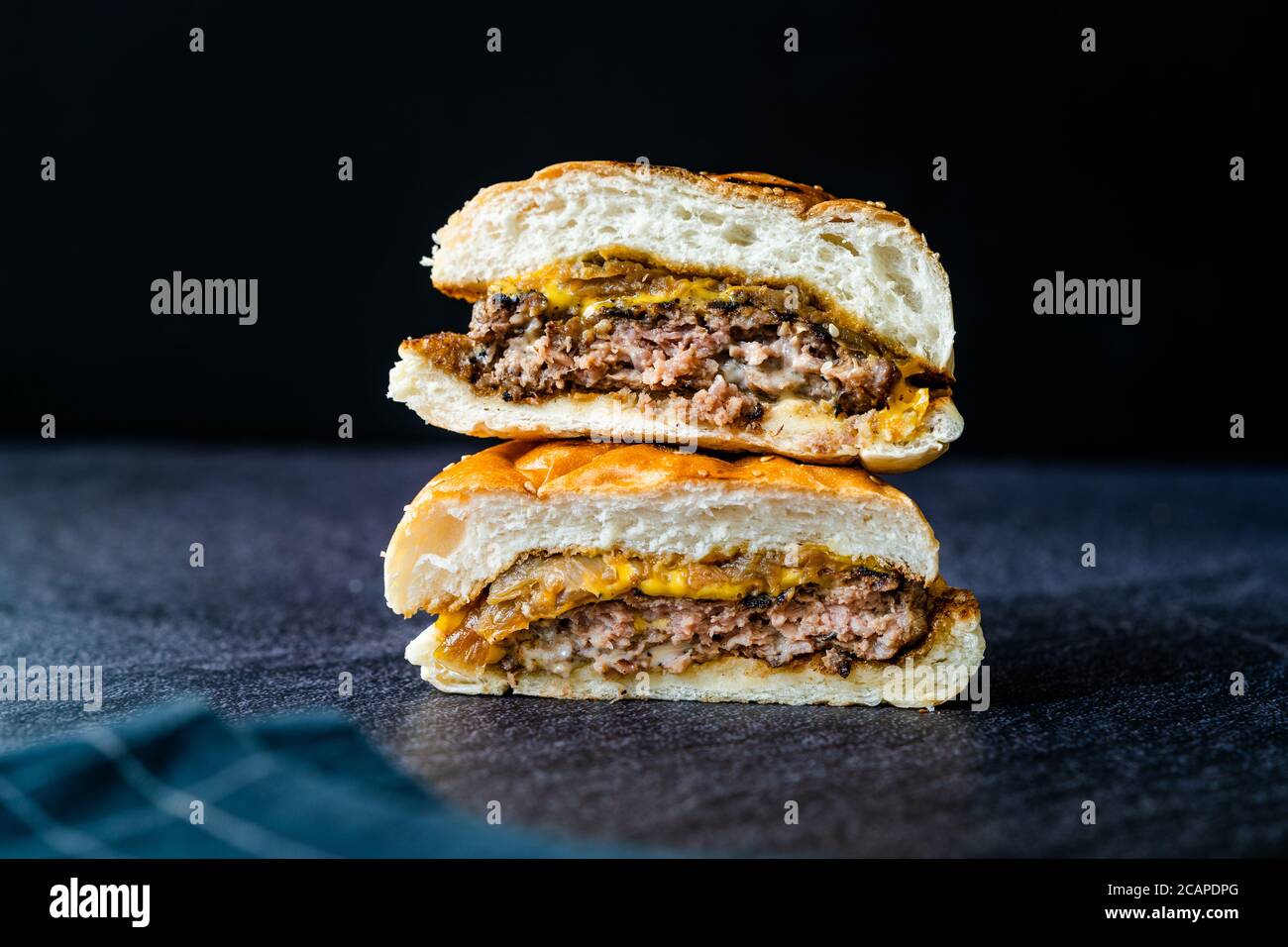Half Cut Stack of Two Pieces Hamburger / Cheeseburger or Burgers Ready ...