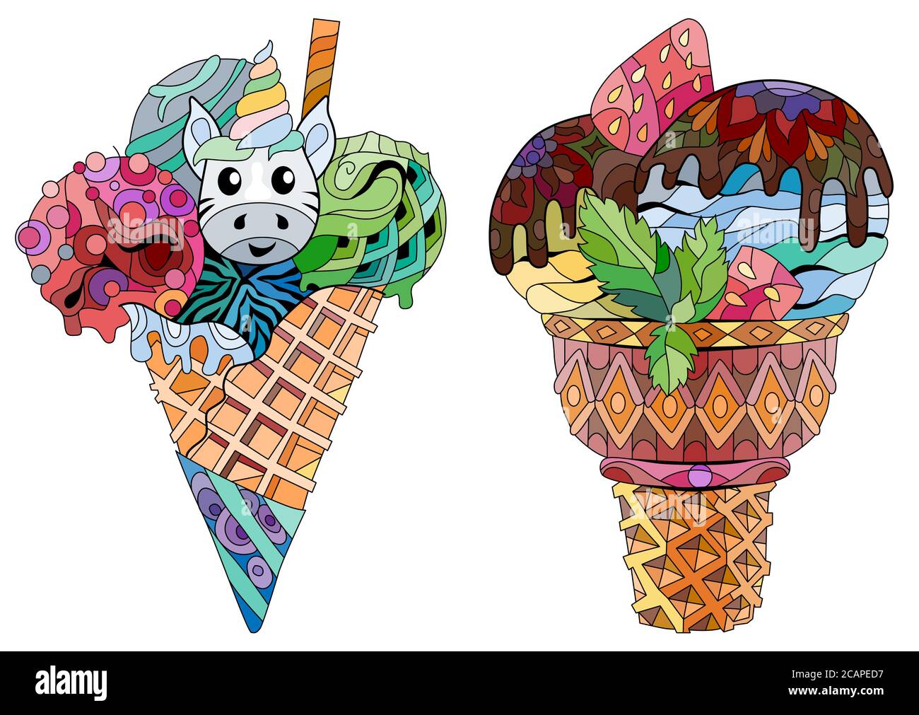 Set of hand drawn colorful zentangle ice cream illustration Stock ...