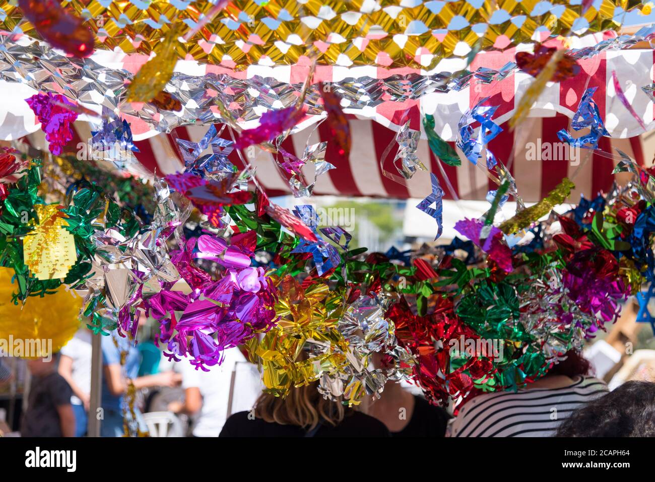 Colorful sukkah decorations. Sukkot four species festival. Shimmering ...