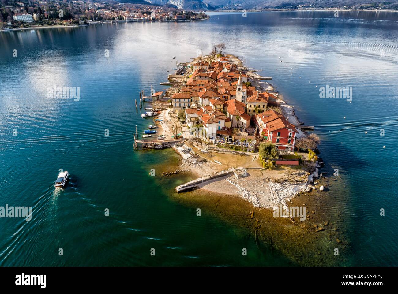 Aerial view of Fishermens Island or Isola dei Pescatori at Lake ...
